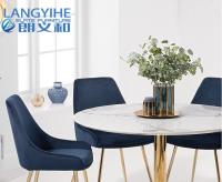 China Iso 9001 120cm Round Marble Effect Dining Table With Fern Velvet Chairs Blue for sale