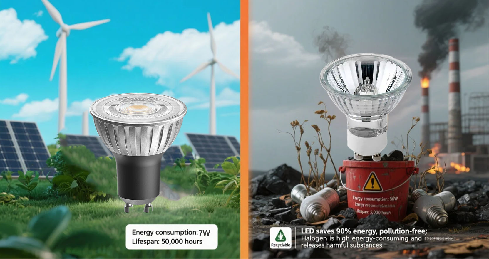 comparing the environmental impact of GU10 LED and halogen bulbs, including energy use and waste generation