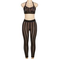 China Stripe splicing Mesh yarn lace-up short top and fashion elasticity trousers two-piece custom new style Fitness & Yoga Wear for sale