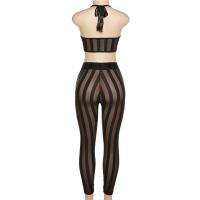 China Stripe splicing Mesh yarn lace-up short top and fashion elasticity trousers two-piece custom new style Fitness & Yoga Wear for sale