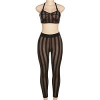 China Stripe splicing Mesh yarn lace-up short top and fashion elasticity trousers two-piece custom new style Fitness & Yoga Wear for sale