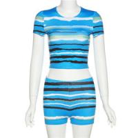 China Sexy Fashion Striped Two Piece Short sleeves Crop Top  and Casual Short leggings gym wear Yoga Wear tracksuits Training Wear for sale