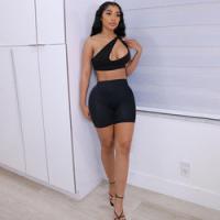 China Summer New Arrival Sexy Women one shoulder Hollow out Yoga sets crop top and Casual shorts 2-Piece Training clothes gym wear for sale