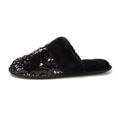 China pink lovely sequin warm slippers women soft faux fur lining indoor slippers for sale