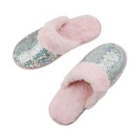 China pink lovely sequin warm slippers women soft faux fur lining indoor slippers for sale