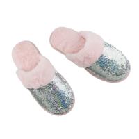 China pink lovely sequin warm slippers women soft faux fur lining indoor slippers for sale
