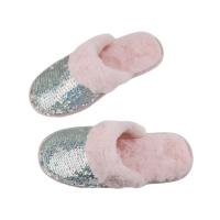 China pink lovely sequin warm slippers women soft faux fur lining indoor slippers for sale