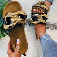 China 2022 Fashion Style gold chain lightweight slides new soft rubber sole slippers women flat sandals custom shoes for sale