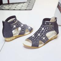 China 2022 Fashionable Girls Beach Wedge Sandals Roman style Shoes Women Metal hollow back zipper Rhinestone Large Size slippers for sale