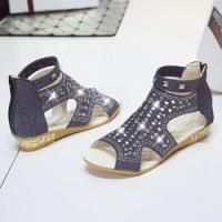 China 2022 Fashionable Girls Beach Wedge Sandals Roman style Shoes Women Metal hollow back zipper Rhinestone Large Size slippers for sale