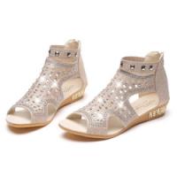 China 2022 Fashionable Girls Beach Wedge Sandals Roman style Shoes Women Metal hollow back zipper Rhinestone Large Size slippers for sale