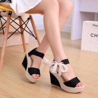 China New Fashion Sexy Thick bottom female Large Size Casual Shoes Women's Sandals bowknot frenulum Heeled Slippers for sale