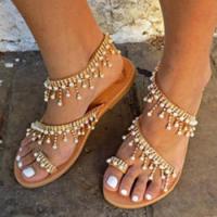 China New design summer pearl upper Roman style flip flops fashion ladies slippers beach casual shoes for women flat sandals for sale