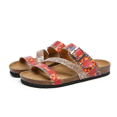 China Women's Comfort Slides Adjustable Buckle PU Flat Sandals Cork Arch Support shoes bed Slides Sandals in stock for sale