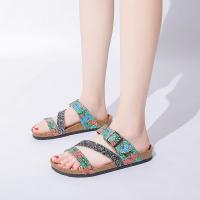 China Women's Comfort Slides Adjustable Buckle PU Flat Sandals Cork Arch Support shoes bed Slides Sandals in stock for sale