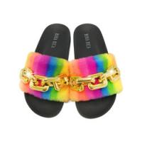 China Summer sandals women hot selling indoor and outdoor shoes Rainbow Plush Chain thick sole slide slippers wholesale for sale