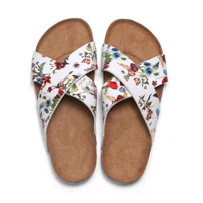 China Slippers hot sale cork beach shoes leather pattern upper lightweight non-slip flat summer women floral sandals for sale