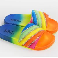 China Fashion new women rainbow rhinestone upper slippers hot selling tie dye ladies colorful flat sandals in summer for sale