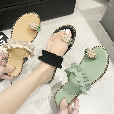China Wholesale Large size lace upper sandals women 2022 new fashion pineapple decoration Flat flip flops summer beach shoes for sale