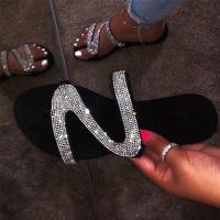 China Hot Selling fashion rhinestone Sandals Women New Design z-shaped summer flat casual solid color slippers for sale