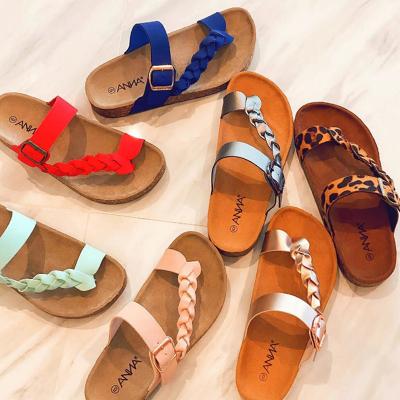 China Factory supply New Style Slippers Pu Leather Buckle wholesale Cork women flat sandals with High quality eva rubber sole for sale