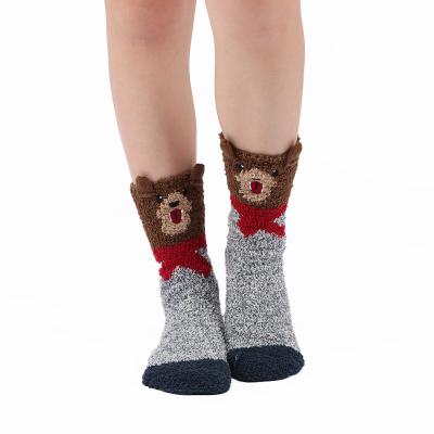 China Hot selling fashion house indoor warm soft fuzzy sleep socks with cute small Bear pattern women cozy slippers sock sherpa socks for sale