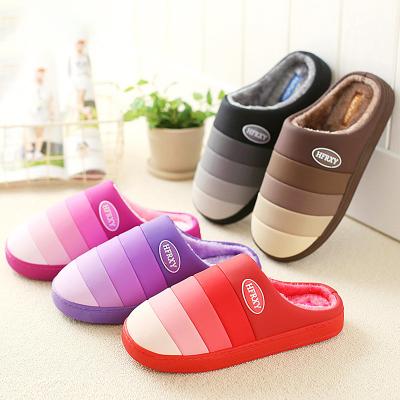 China Waterproof non-slip wholesale slippers women thick-soled winter fashion stripes plush couple home indoor shoes for sale