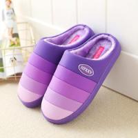 China Waterproof non-slip wholesale slippers women thick-soled winter fashion stripes plush couple home indoor shoes for sale