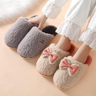 China Wholesale Hairy slippers autumn winter couple warm soft plush cute bowknot female non-slip bedroom shoes for sale
