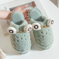China Cartoon Slippers Women Cute Frog Home Indoor Couple Style Plush Warm Anti-Slip Thick Bottom Winter House Shoes Men for sale