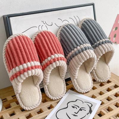 China Autumn winter new design striped color warm slippers female home couple delicate plush non-slip bedroom shoes in stock for sale