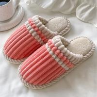 China Autumn winter new design striped color warm slippers female home couple delicate plush non-slip bedroom shoes in stock for sale