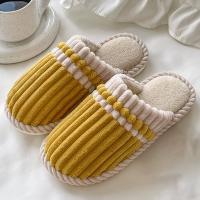 China Autumn winter new design striped color warm slippers female home couple delicate plush non-slip bedroom shoes in stock for sale