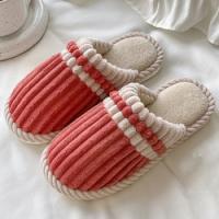 China Autumn winter new design striped color warm slippers female home couple delicate plush non-slip bedroom shoes in stock for sale