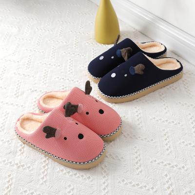China 2021 new cartoon deer shape couple slippers hot sale winter ladies cute warm soft plush non-slip household shoes for sale