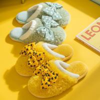 China Fashion Bow Plush Slippers Women Winter Warm Thick Bottom Anti-Slip Soft Bottom Couple Style House Indoor Men for sale