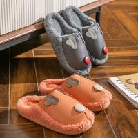 China Women autumn winter 2021 new design waterproof PU vamp household shoes warm delicate plush lining couple slippers for sale