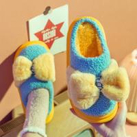 China New Design Cute Bow Slippers Women Winter Home Thick Bottom Warn Non-Slip Couple Style Plush Indoor Cartoon Men for sale