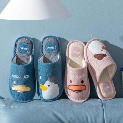 China New Design Cartoon Cute Goodluck Duck Home Indoor Slippers Women Linen Fabric Sweat-absorption Breathable Slipper for sale