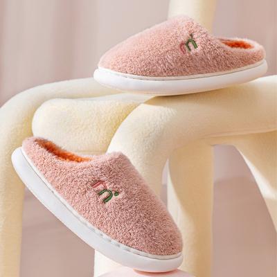 China New Simple Fashion Women Slippers Mink Hair Anti-slip Warm Exquisite embroidery Men Home Indoor custom slippers with logo for sale