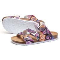 China 2021 summer Cork Casual Flat Slippers three Buckle Printed beach sandal Candy Color Flat Heel home Slippers for sale