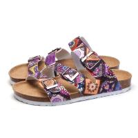 China 2021 summer Cork Casual Flat Slippers three Buckle Printed beach sandal Candy Color Flat Heel home Slippers for sale