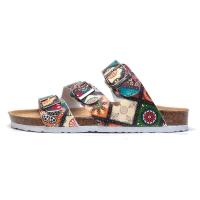 China 2021 summer Cork Casual Flat Slippers three Buckle Printed beach sandal Candy Color Flat Heel home Slippers for sale