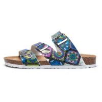 China 2021 summer Cork Casual Flat Slippers three Buckle Printed beach sandal Candy Color Flat Heel home Slippers for sale