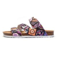 China 2021 summer Cork Casual Flat Slippers three Buckle Printed beach sandal Candy Color Flat Heel home Slippers for sale
