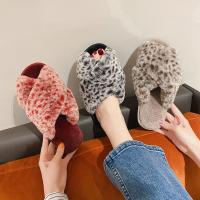 China Women Fluffy Leopard grain house shoe Cozy Faux Fur Cross house Indoor slipper Floor Flat Soft Furry Shoe Lady open toe slipper for sale