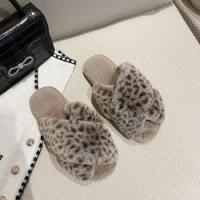 China Women Fluffy Leopard grain house shoe Cozy Faux Fur Cross house Indoor slipper Floor Flat Soft Furry Shoe Lady open toe slipper for sale