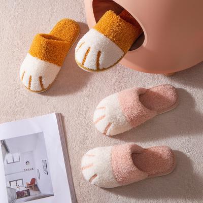 China Wholesale new plush animal cat paw slippers cartoon pvc slippers for woman patchwork color house shoes in stock for sale