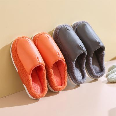China 2021 New Design Simple PU leather Couple Slippers Winter Warm Waterproof Hard-Wearing Female Home indoor Shoes for sale