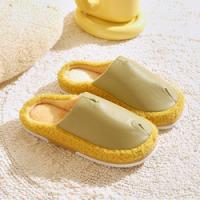 China 2021 New Design Simple PU leather Couple Slippers Winter Warm Waterproof Hard-Wearing Female Home indoor Shoes for sale